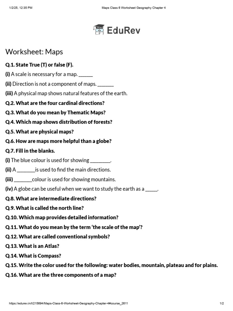Maps Class 6 Worksheet Geography Chapter 4 | PDF