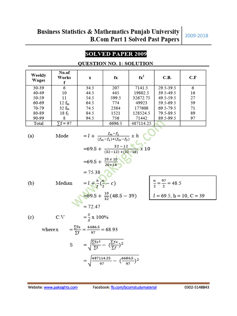 Business Statistics Mathematics Solved Past Paper 2009 | PDF | Matrix ...