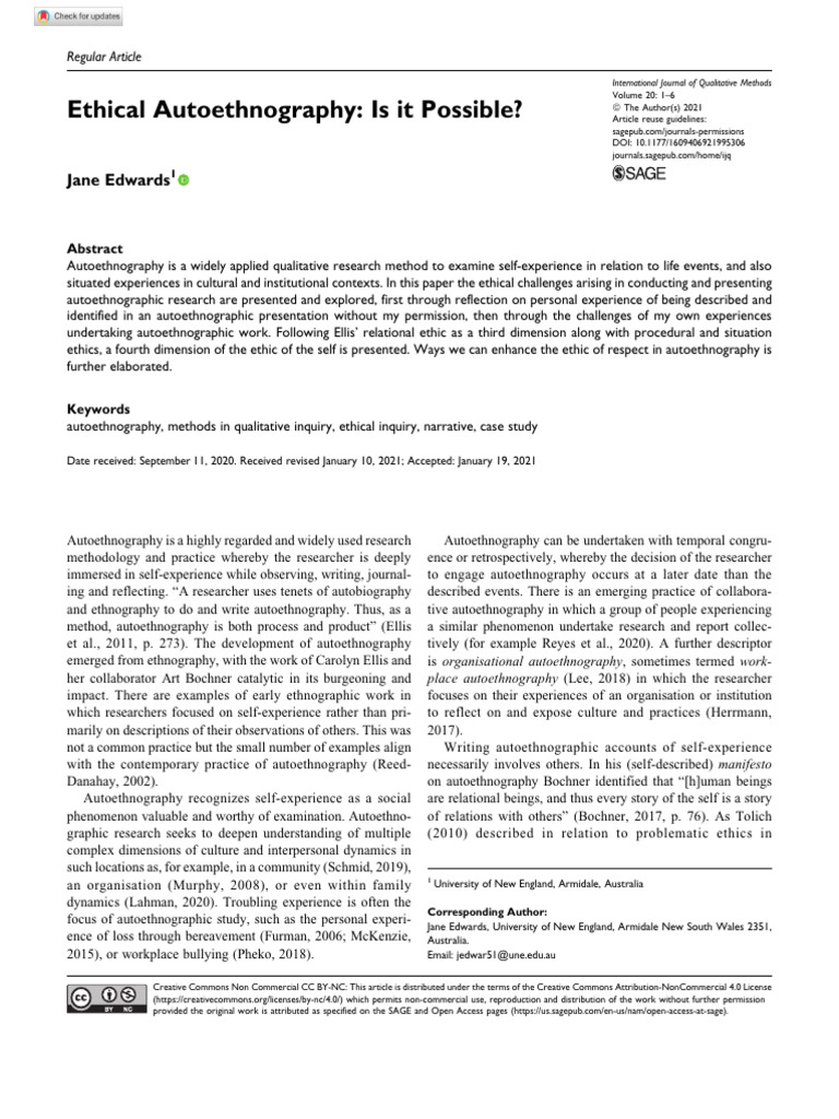 Edwards 2021 Ethical Autoethnography Is It Possible | PDF | Ethnography