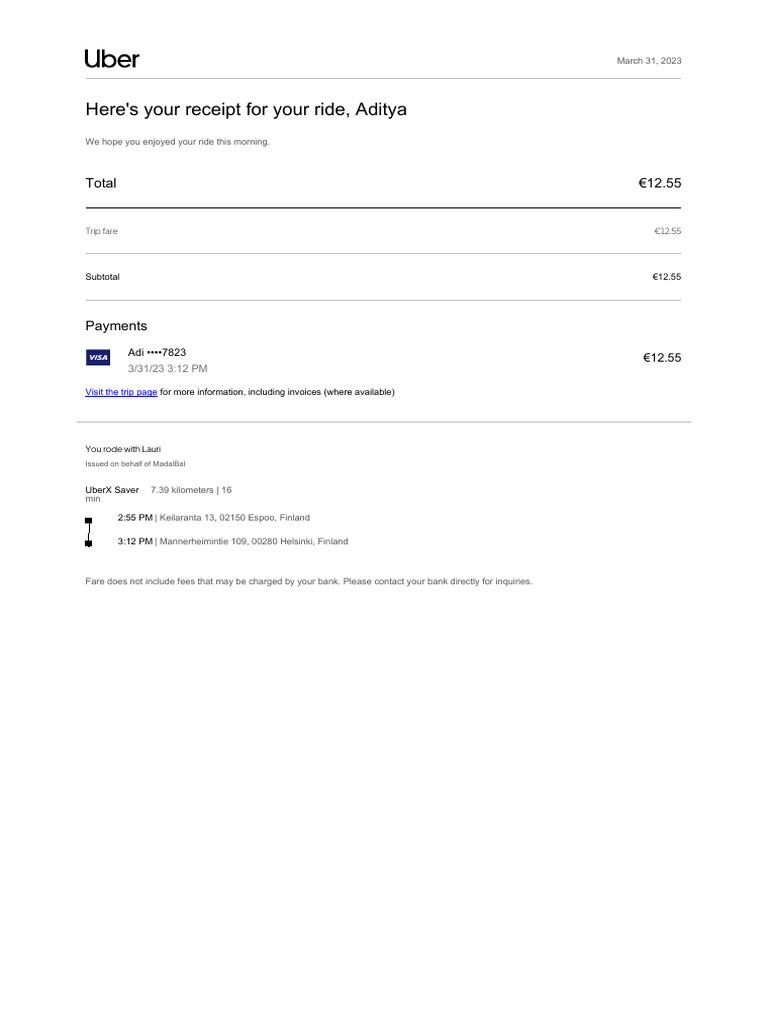 Uber Bill - 31.03.23 - Espoo Office Konecranes To Valo Hotel - Aditya & Sachin | PDF