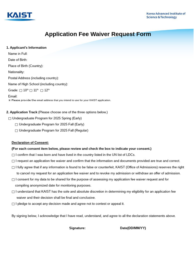 KAIST Application Fee Waiver Program | PDF