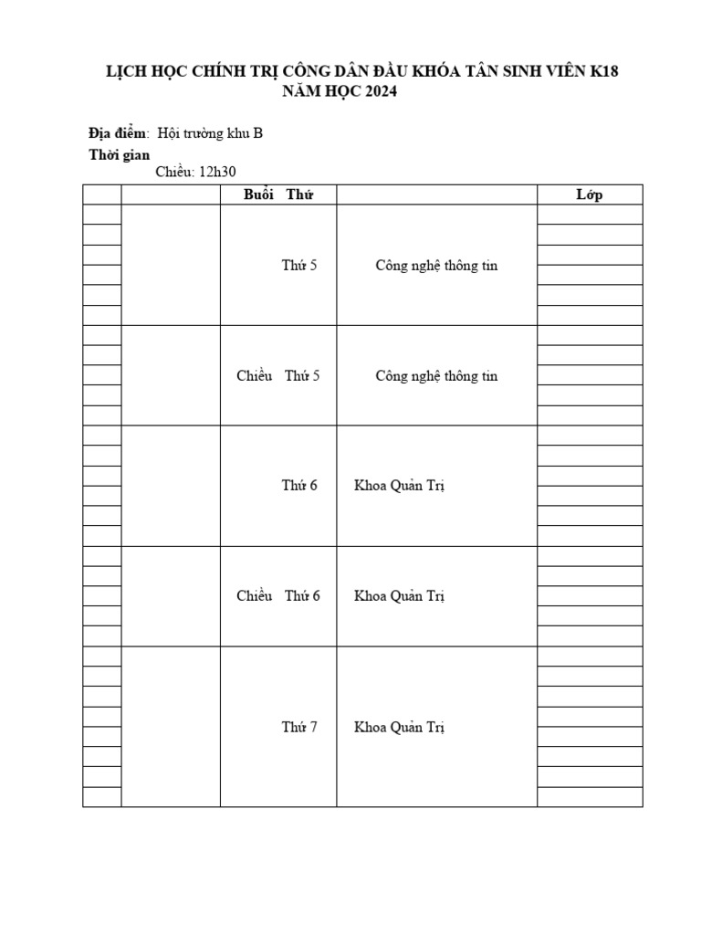 Lich SHCD Cho Tan Sinh Vien Khoa 18 NH 2024 2025 20240829041059 e | PDF