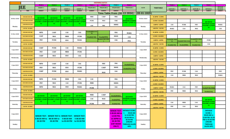 JEE - TIMETABLE - 30-12 To 01-05 | PDF