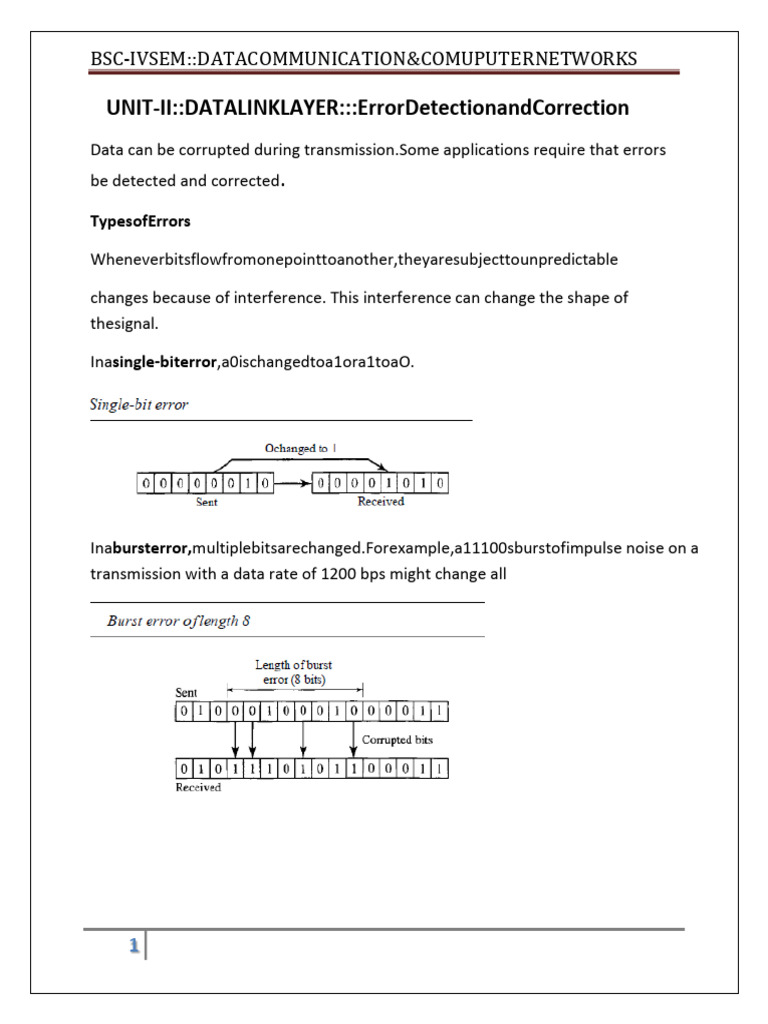 UNIT II DATALINKLAYER ErrorDetectionandCorrection | PDF
