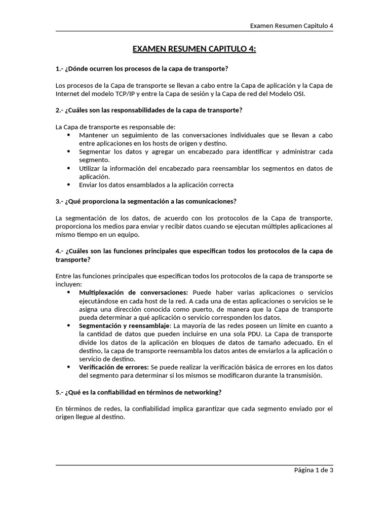 Examen Resumen Capitulo 4 | PDF | Protocolo de Control de Transmisión | Modelo osi