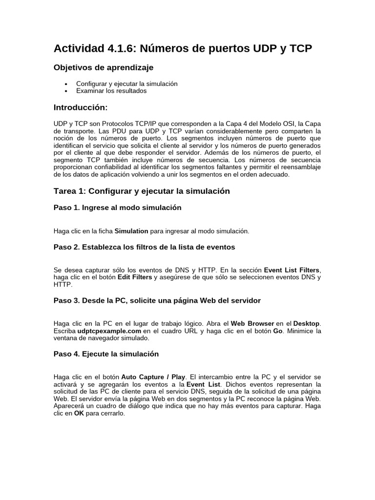 Actividad 4-1-6 - Numero de Puertos UDP y TCP | PDF | Protocolo de Control de Transmisión | Redes