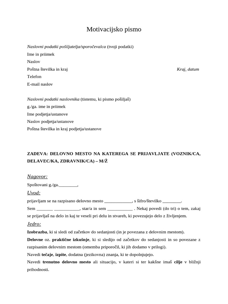 Vzorec Motivacijskega Pisma | PDF