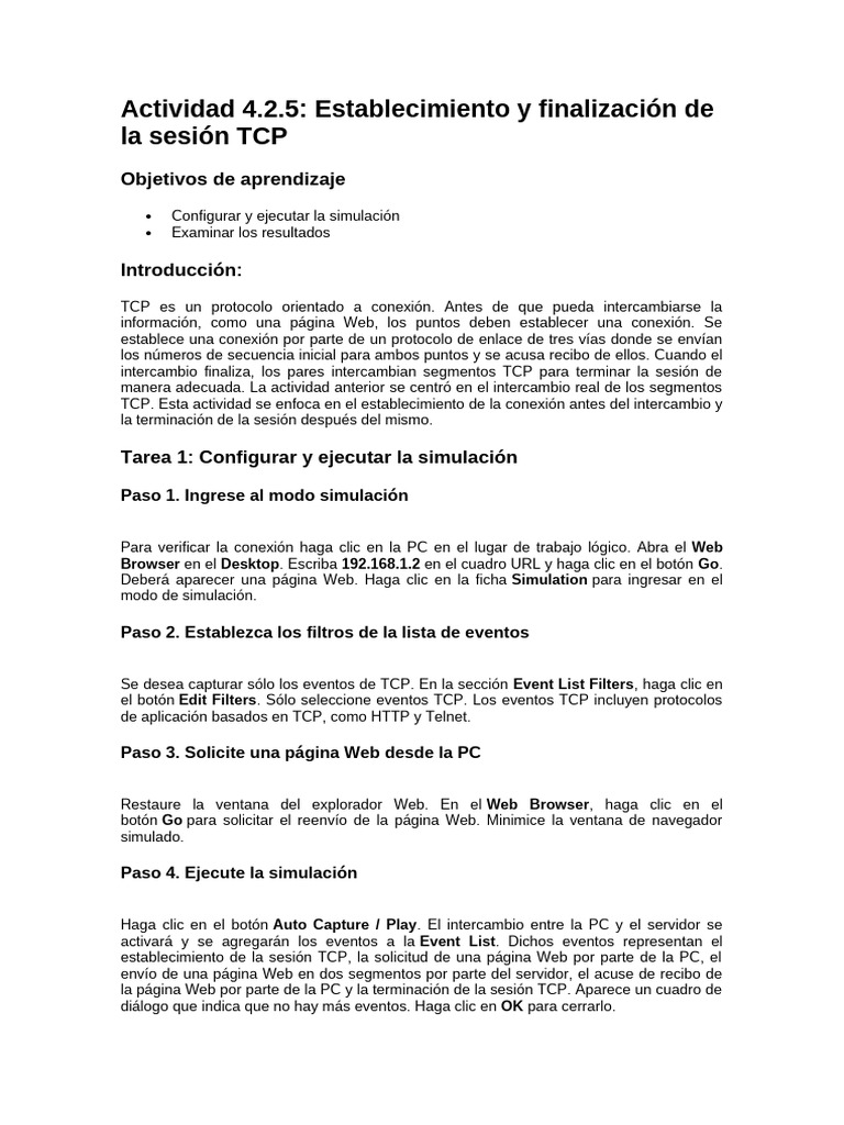Actividad 4-2-5- Establecimiento y finalizacion de sesion TCP | PDF | Protocolo de Control de ...