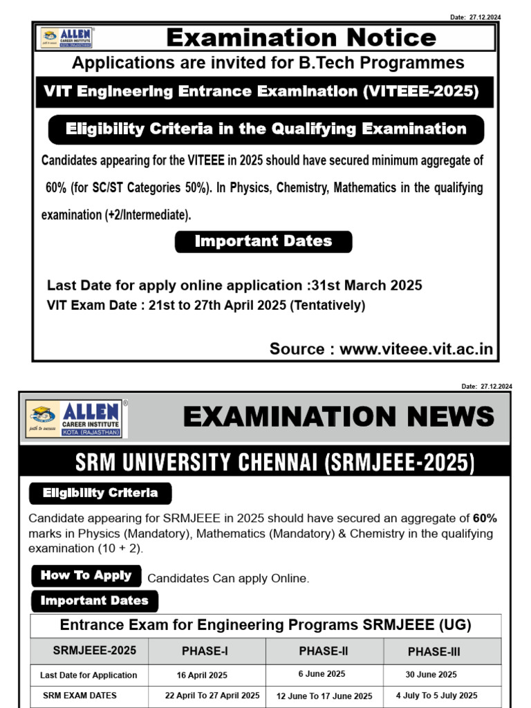 Examination Notice 2025 For Jee Enthuse and Leader | PDF
