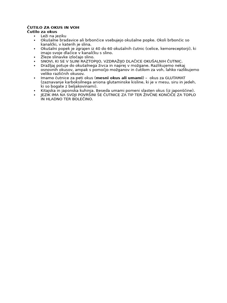 Biologija Povzetek KOŽA, VOH, OKUS | PDF