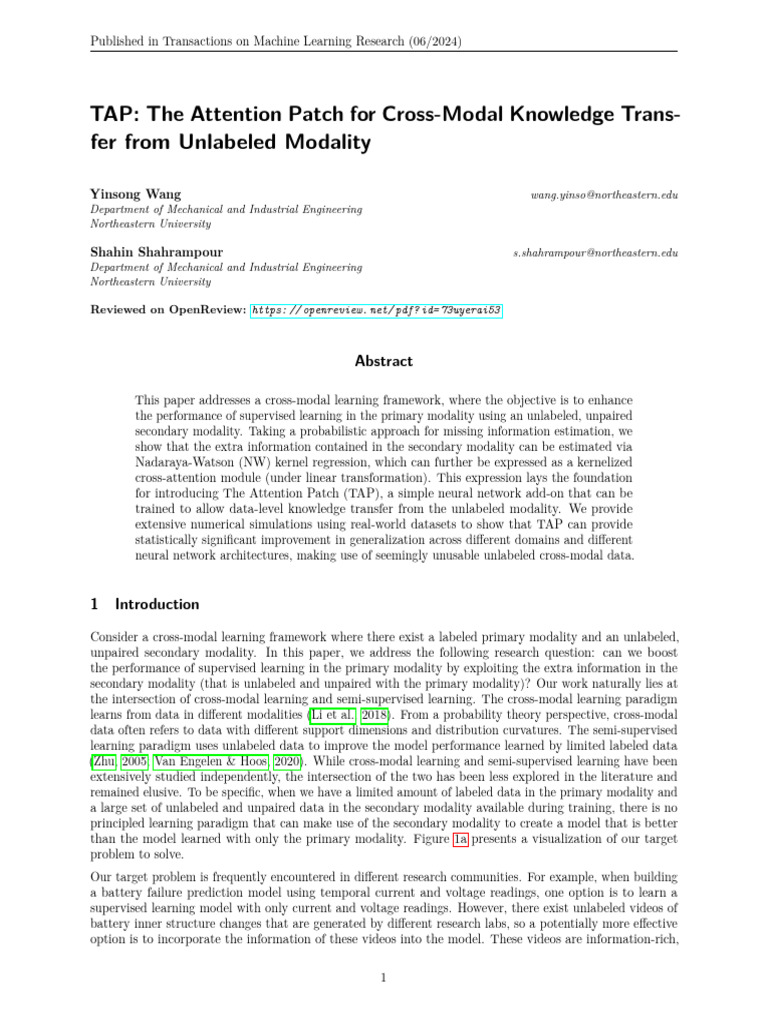 TAP: The Attention Patch For Cross-Modal Knowledge Transfer From Unlabeled Modality | PDF ...