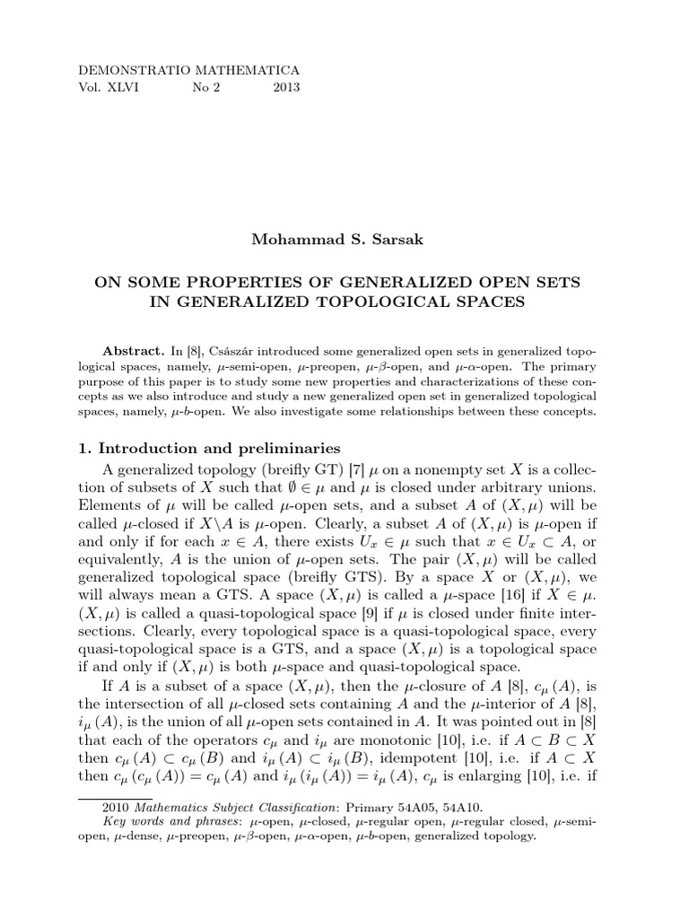 On Some Properties of Generalized Open Sets in Gen | PDF | Geometry | General Topology