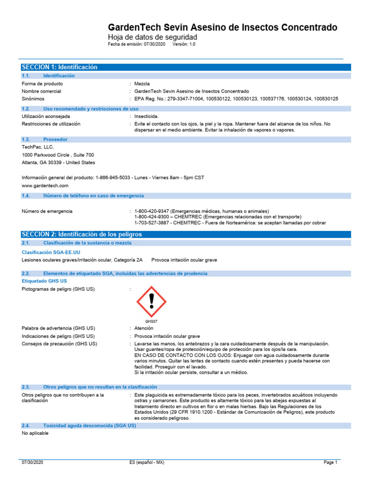 Sevin Insect Killer Concentrate SDS - Spanish | PDF | Pesticida | Toxicidad