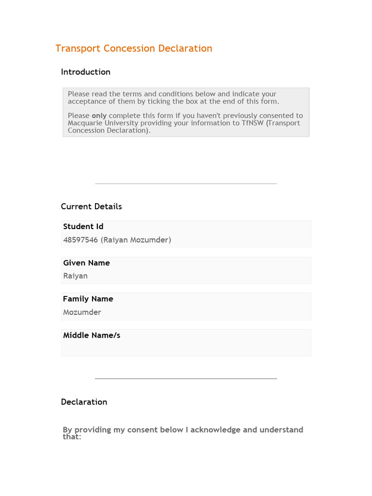 NSW Transport Concession Declaration Form | PDF