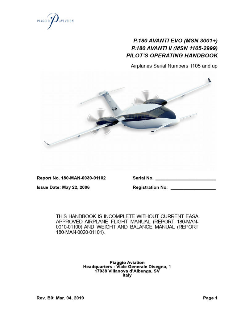 P.180 AVANTI II - PILOTS OPERATING HANDBOOK | PDF | Jet Engine | Jet Fuel