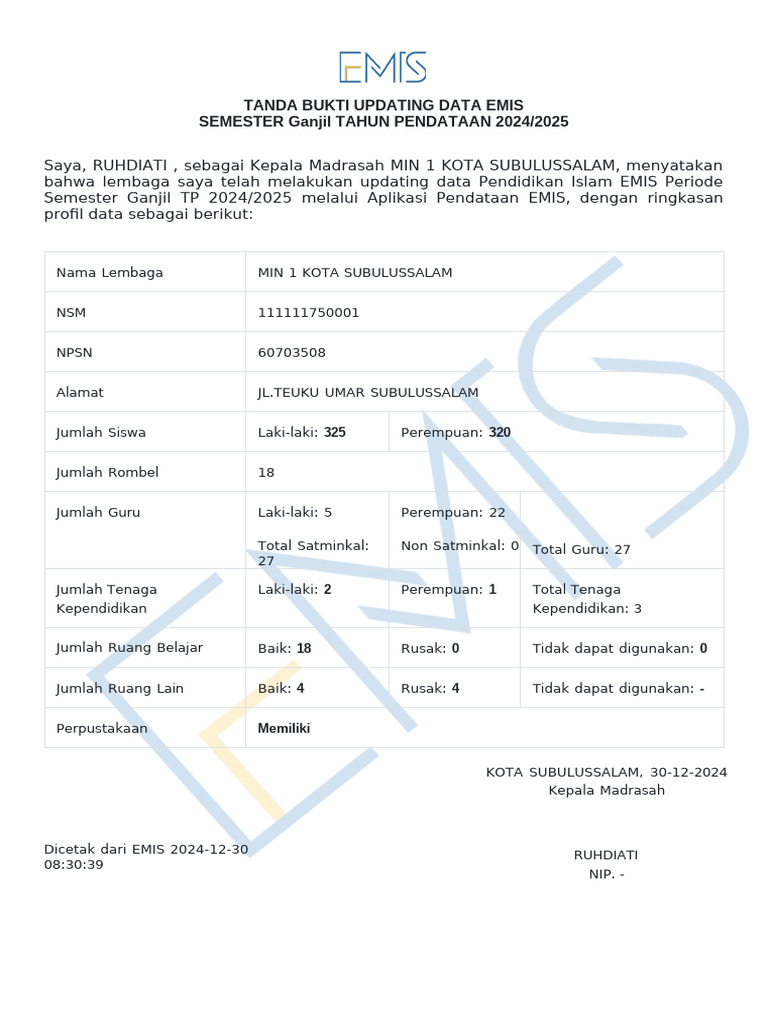 Laporan Update Data EMIS MIN 1 | PDF