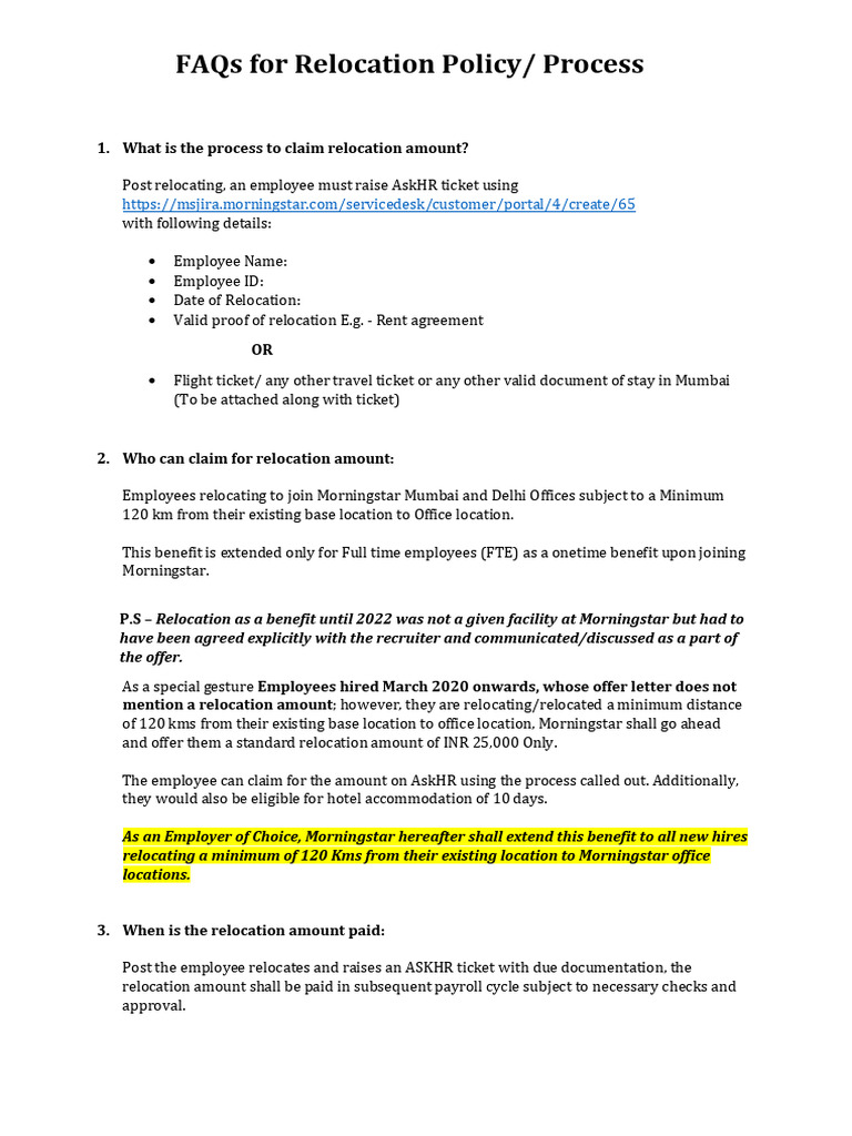 Employee Relocation Guide for Morningstar | PDF