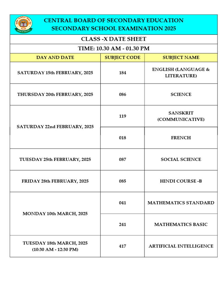Class X Datesheet 2025 | PDF