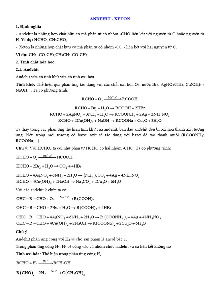FULL LÍ THUYẾT CÁC DẠNG BÀI ANDEHIT - XETON | PDF