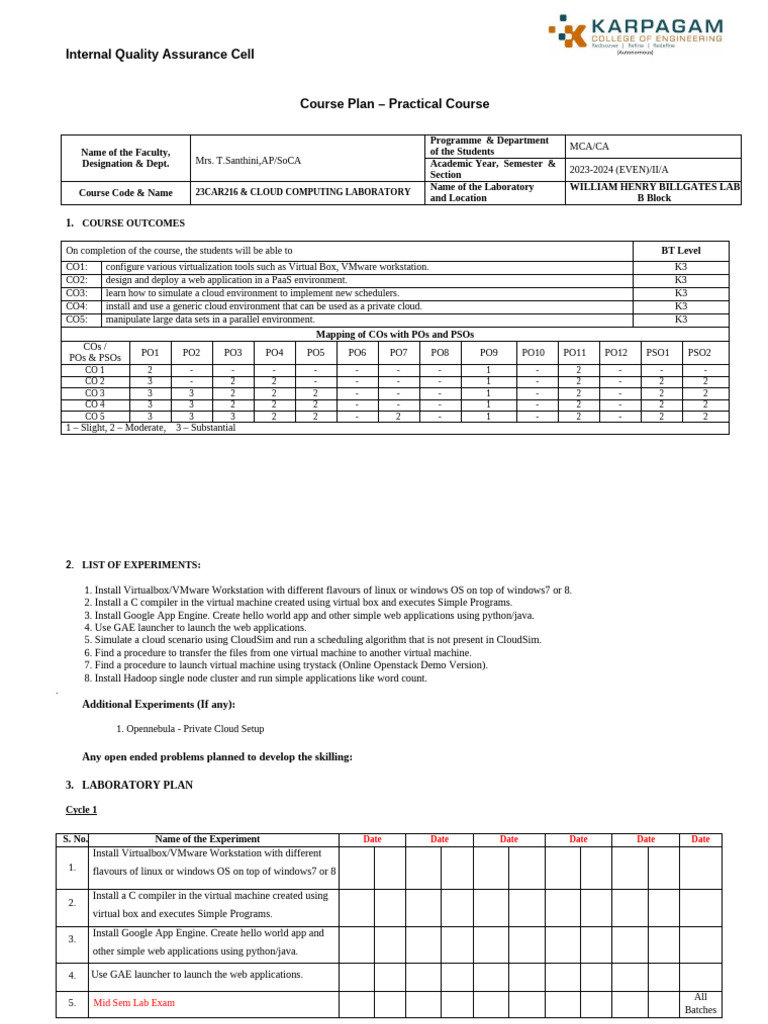 Cloud Computing Laboratory Course Plan | PDF