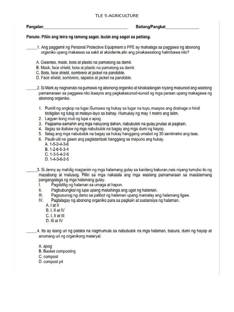 Review Test in Tle 5 Agriculture | PDF