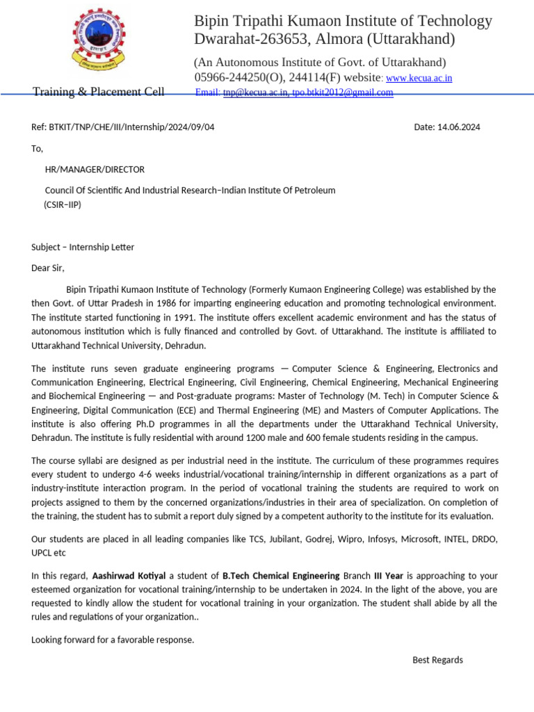 Internship Letter | PDF | Physical Sciences | Engineering