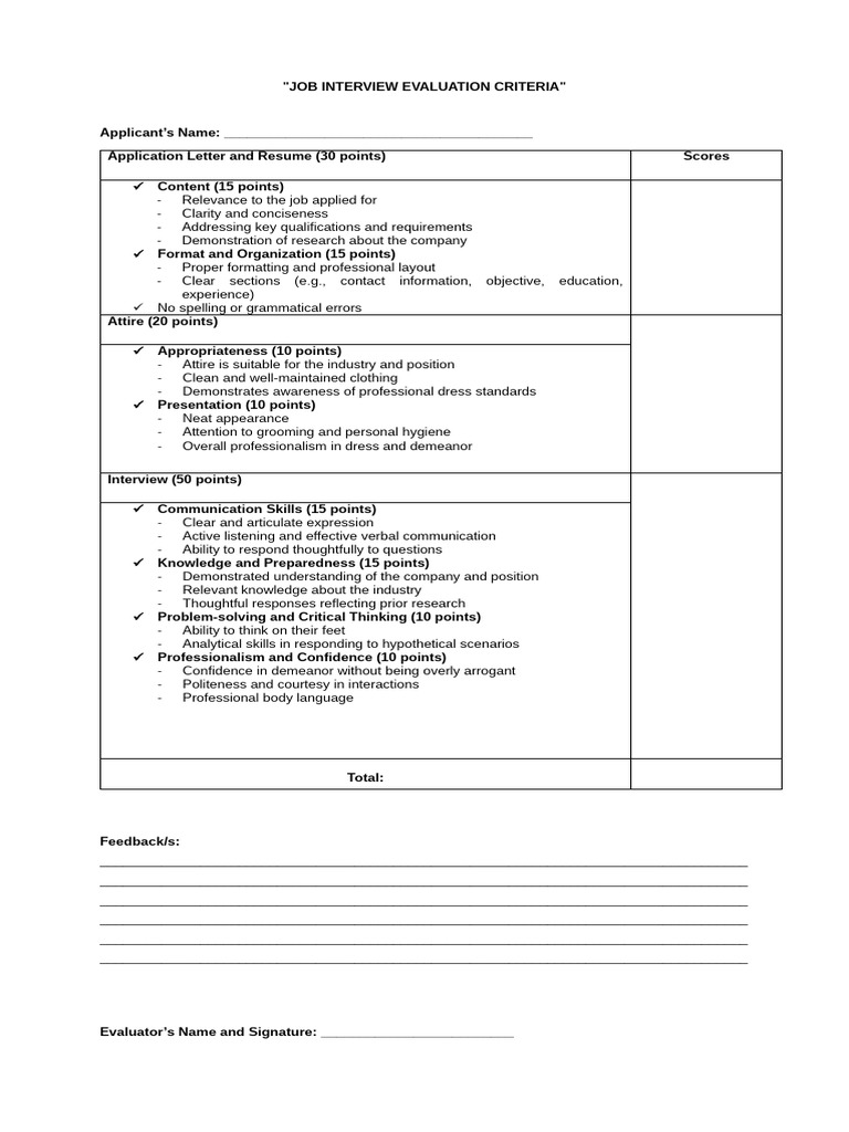 Job Interview Evaluation Criteria 1 | PDF