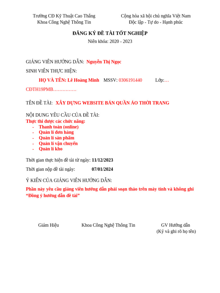 Phieu Dang Ky DATN | PDF