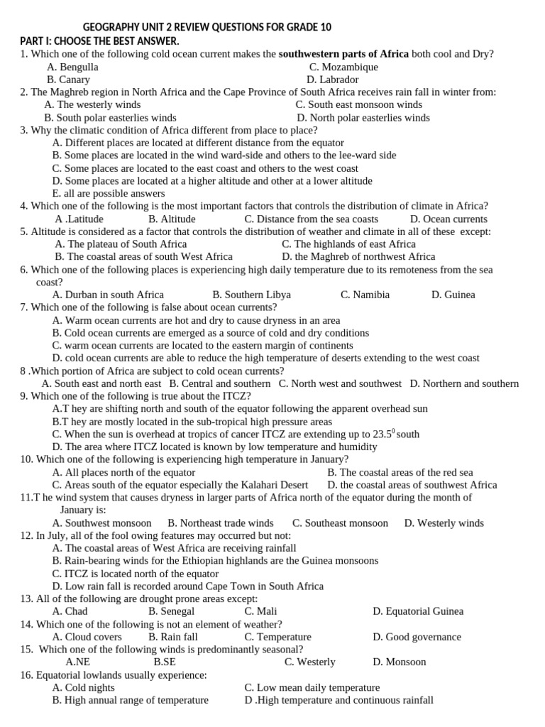 Review Quesions For GR 10 Unit 2 | PDF | Rain | Wet Season