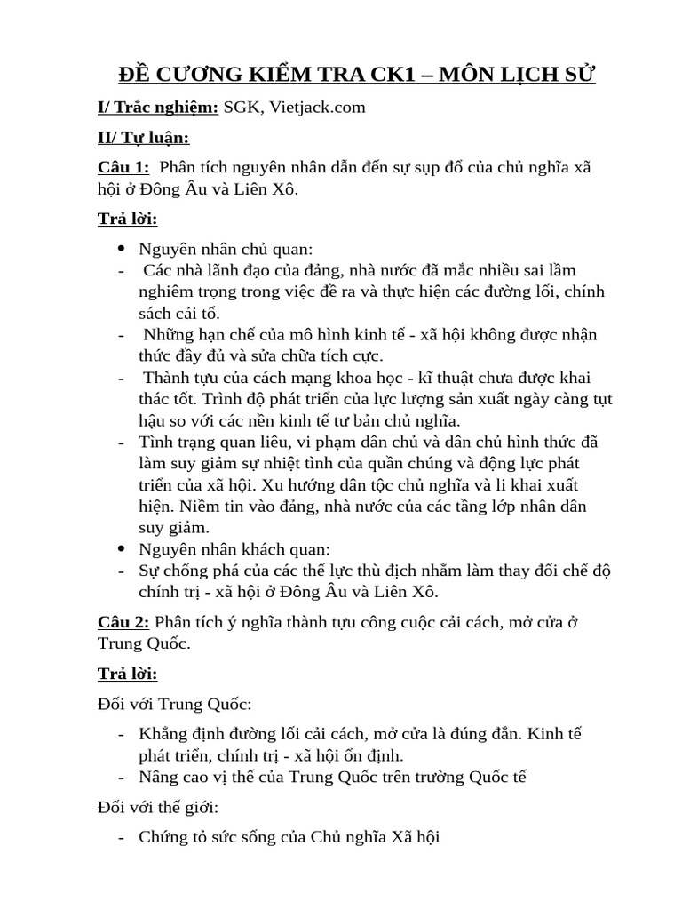 ĐỀ CƯƠNG KIỂM TRA CK1 SỬ | PDF