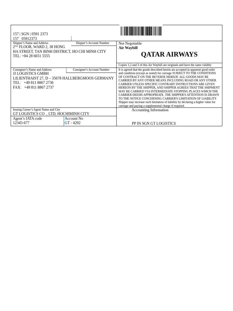 Qatar Airways: Air Waybill | PDF