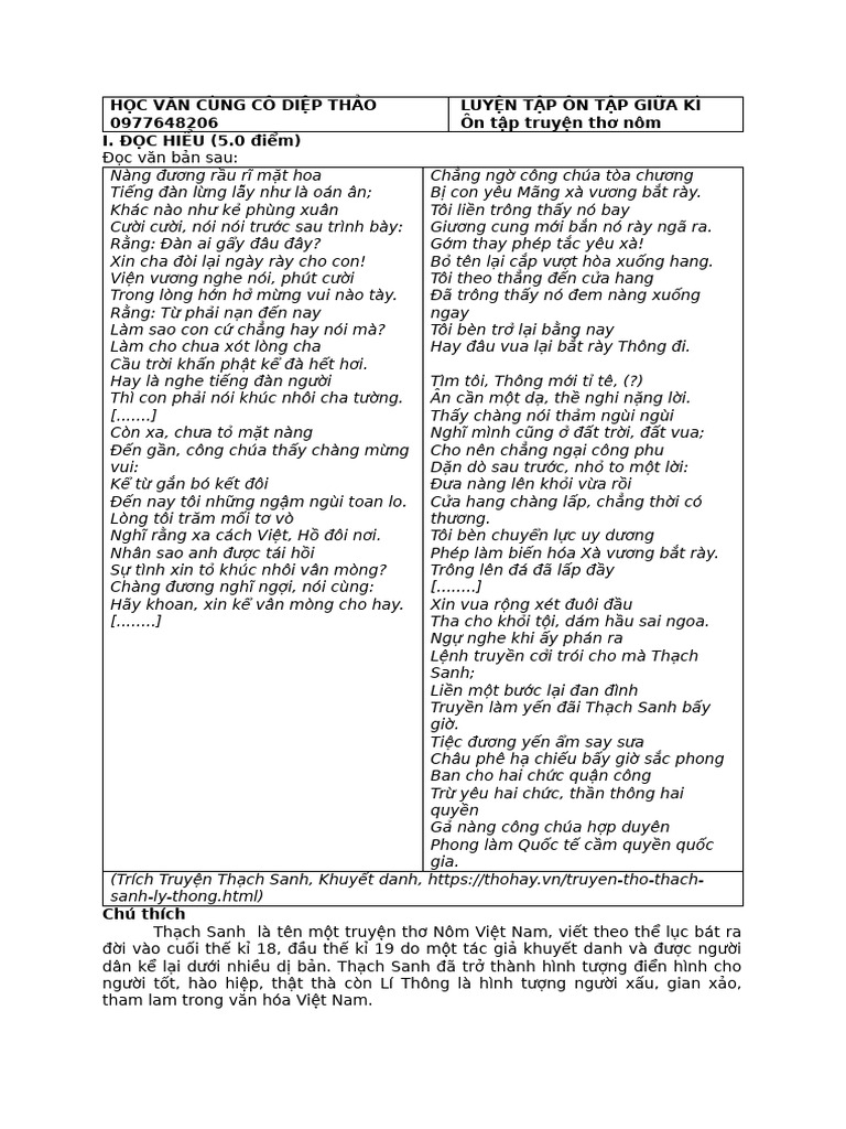 ÔN TẬP TRUYỆN THƠ NÔM - THẠCH SANH | PDF