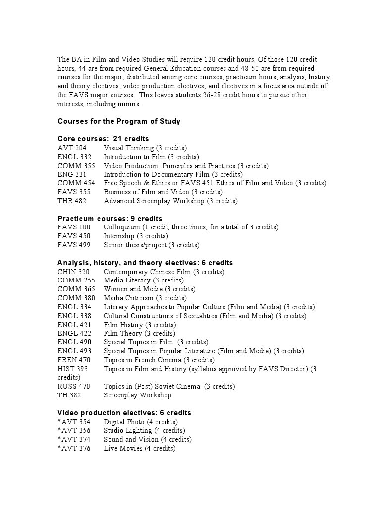 Program of Study for the BA in Film and Video Studies: Core ...