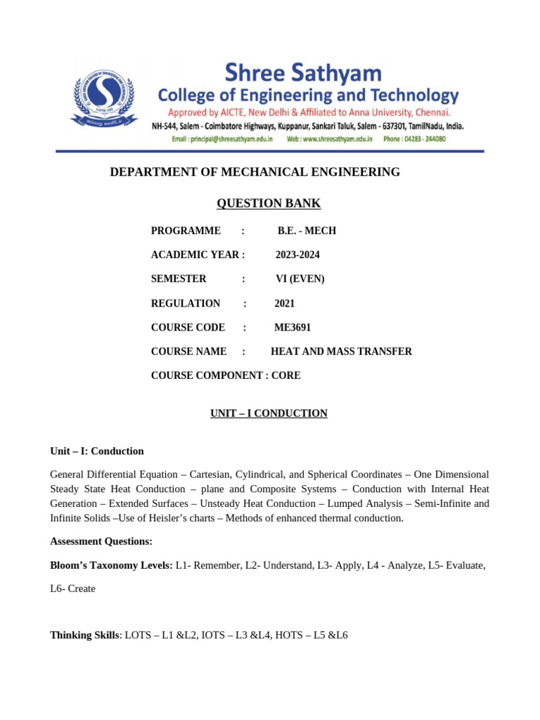 Question Bank Format - HMT Sscet | PDF | Heat Transfer | Thermal Conduction