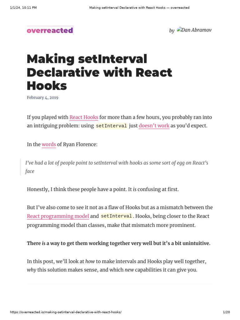 Making SetInterval Declarative With React Hooks - Overreacted | PDF | Computer Programming ...
