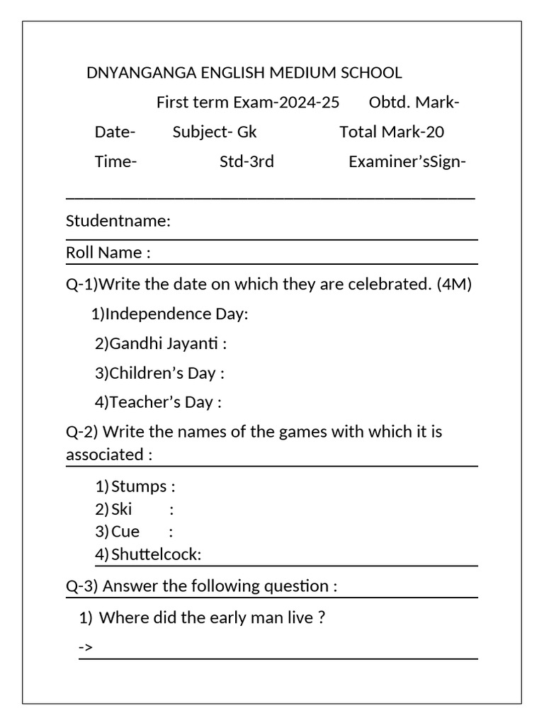 3rd GK Term Exam | PDF
