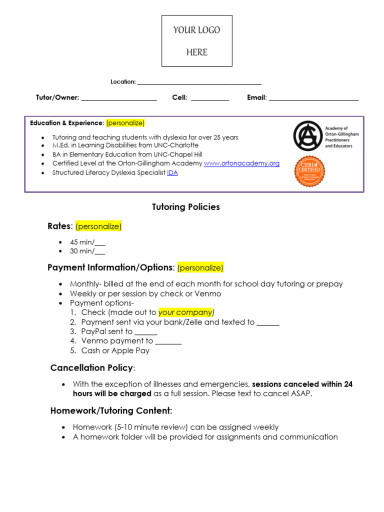 Demo Orton Gillingham Tutoring Contract 20222023 Updated 4779487 | PDF ...