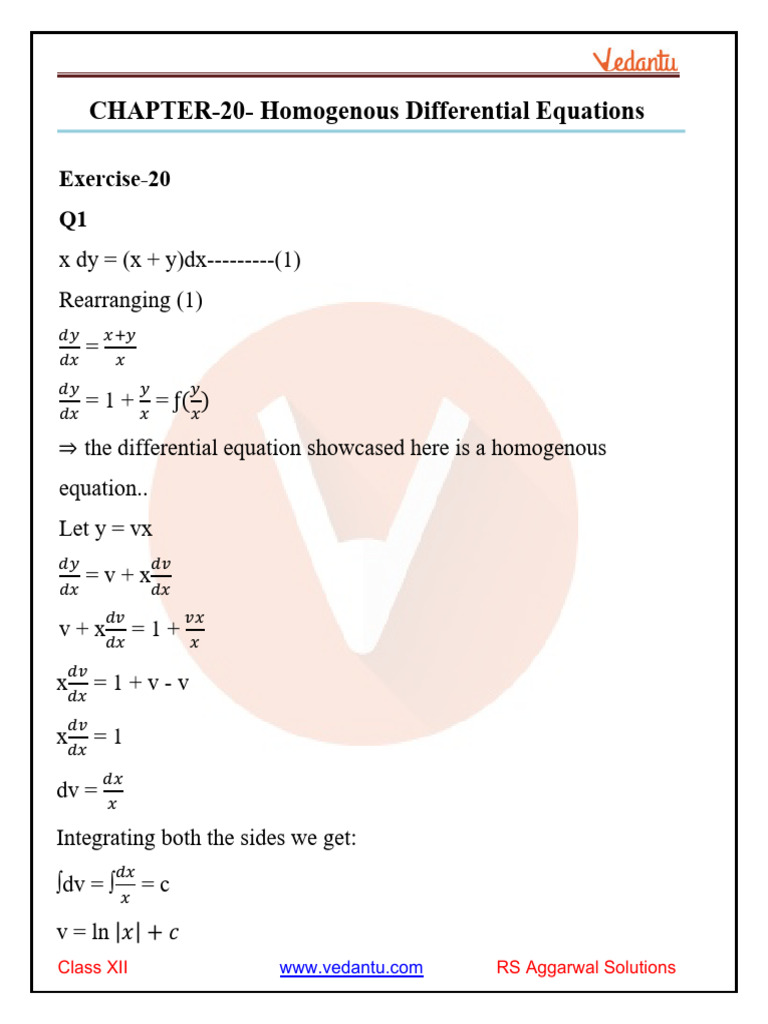 RS Aggarwal Class 12 Solutions Chapter-20 Homogeneous Differential Equations | PDF ...