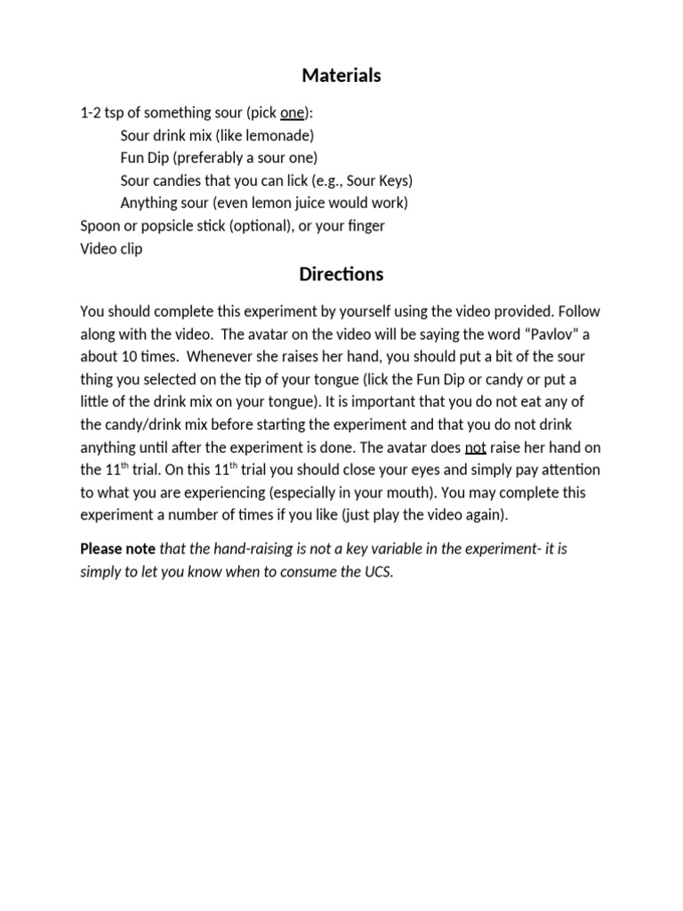 Lemonade Classical Conditioning Experiment | PDF