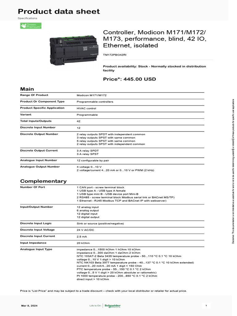 Schneider Electric Modicon M171 M172 Logic Controller TM172PBG42RI ...