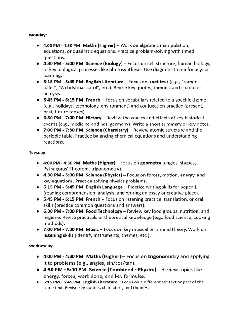 Revision Timetable | PDF | Equations | Mathematics