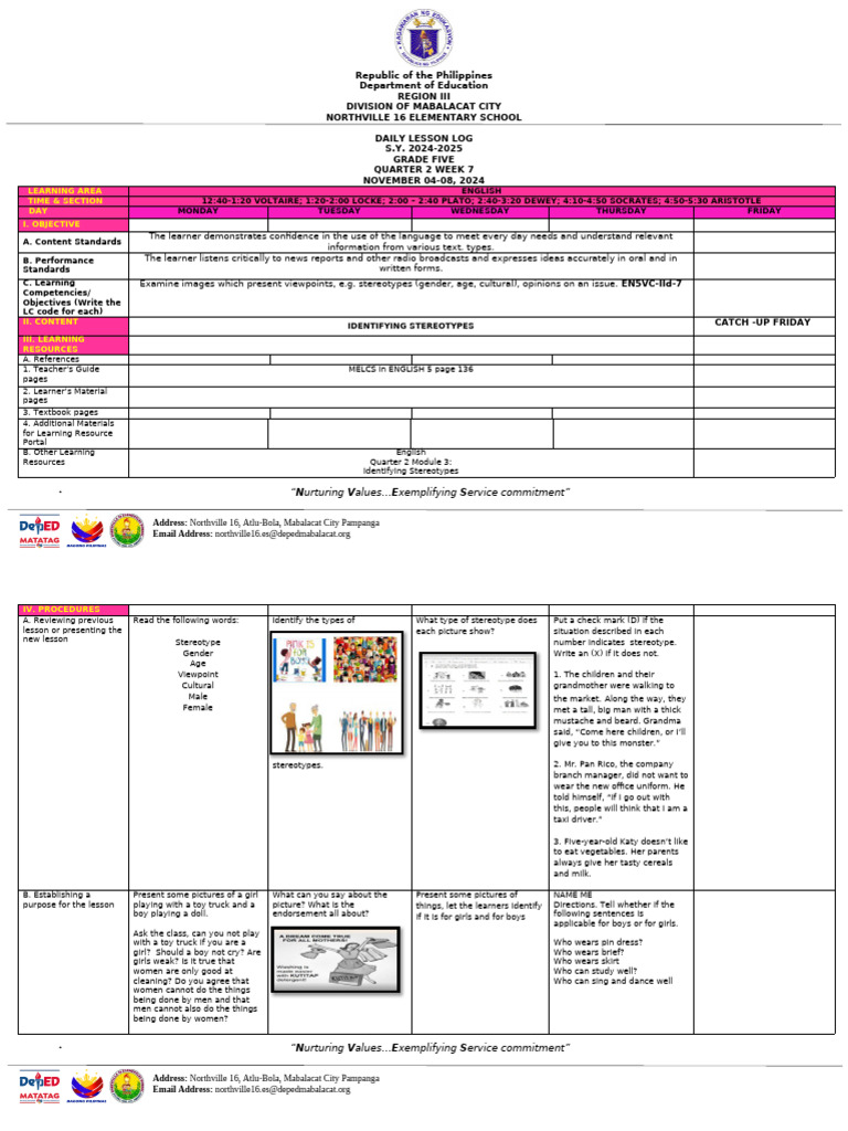 DLL - Sy-2024-2025-English5 - Q2-WK6 | PDF | Stereotypes | Learning