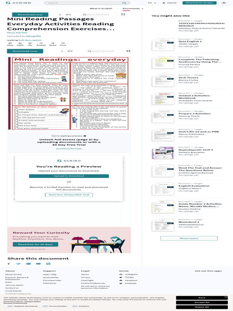 Mini Reading Passages Everyday Activities Reading Comprehension Exercises 115930 PDF Lunch | PDF ...