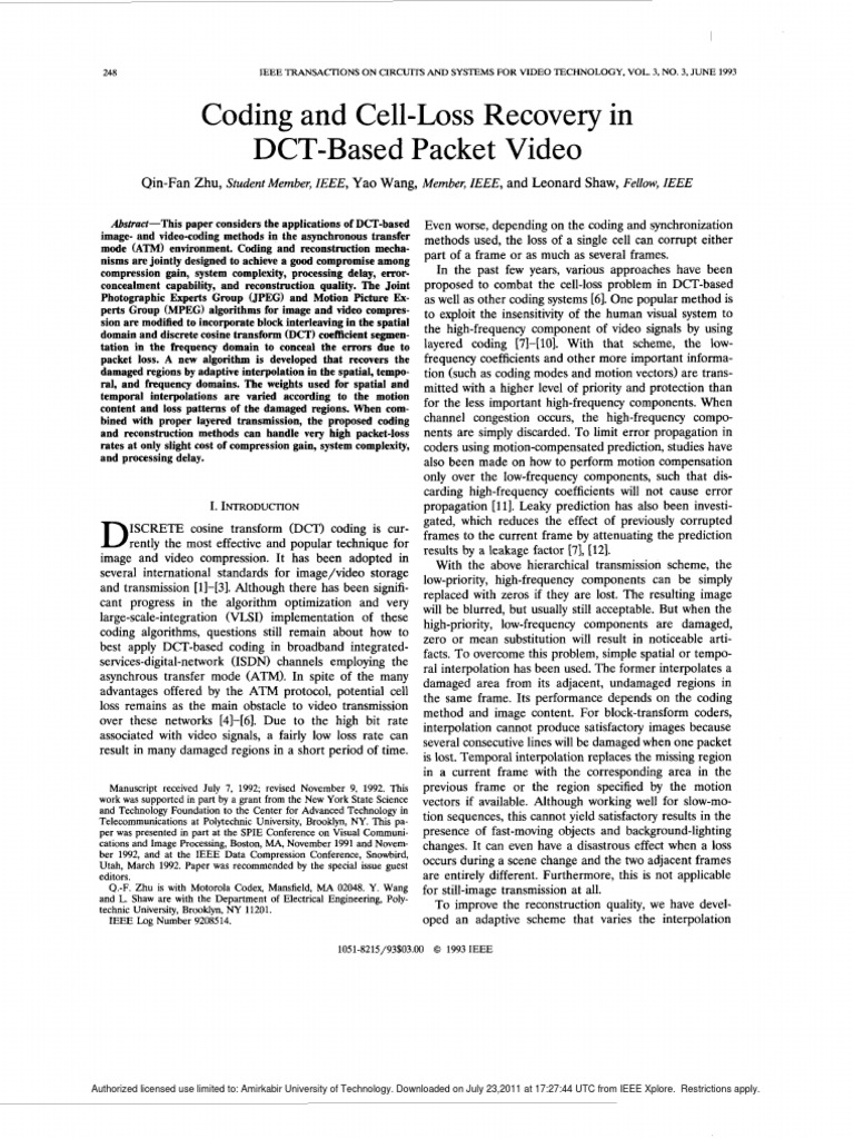 Coding and Cell-Loss Recovery in DCT-Based Packet Video | PDF | Data Compression | Forward Error ...