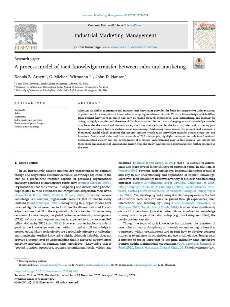 A Process Model of Tacit Knowledge Transfer Between Sales and Marketing | PDF | Sales | Knowledge
