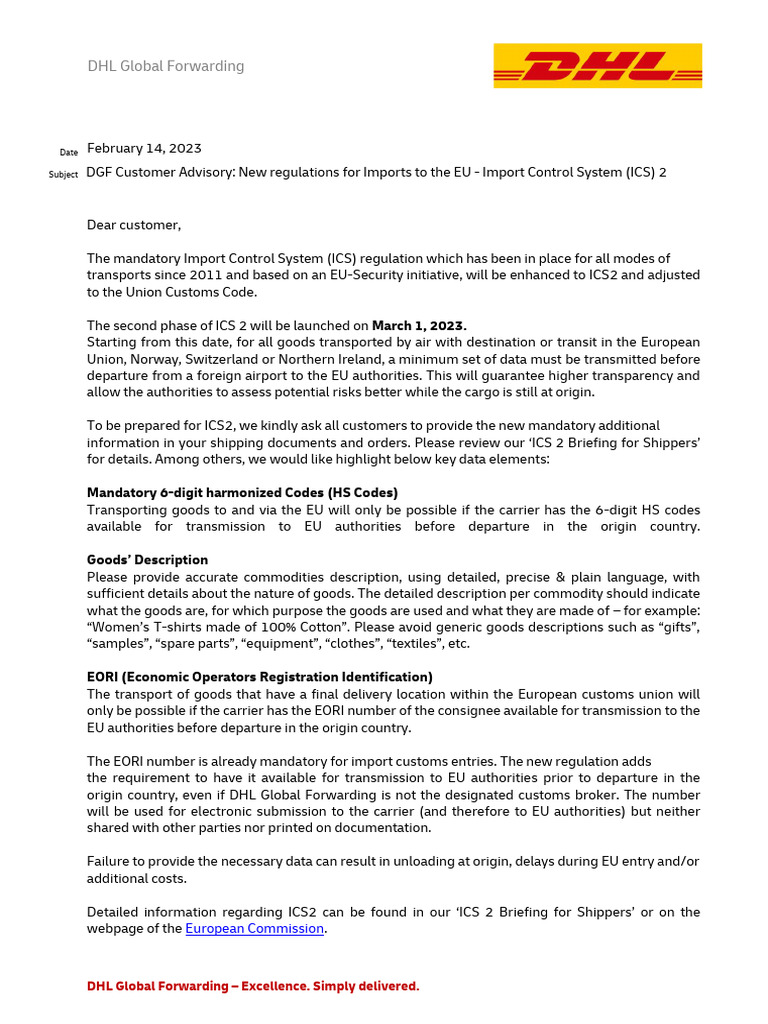 DHL DGF Ics2 Customer Advisory | PDF | Customs | Cargo