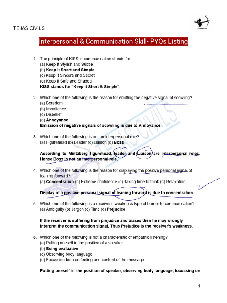 Interpersonal & Communication Skill - PYQs Listing | PDF | Communication | Nonverbal Communication