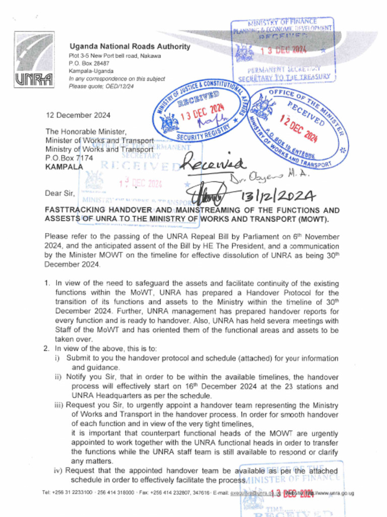 UNRA Handover Protocol To MoWT - 241218 - 201736 | PDF
