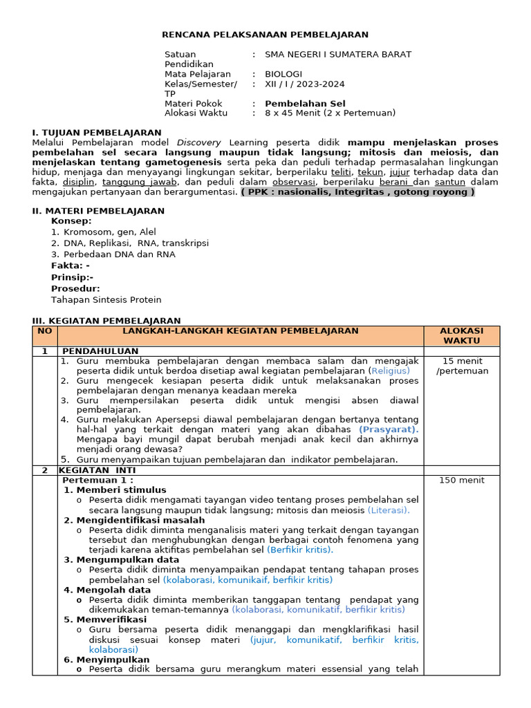 8. RPP KD. 3.4 REPRODUKSI SEL | PDF