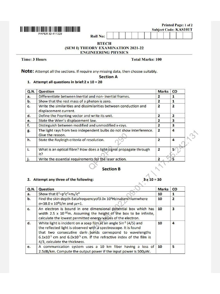 Odd Sem 2021-22 KAS 101 Physics Solution | PDF